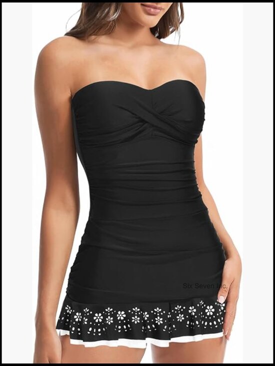 Swim | Tummy Control One Piece Swim Dress Strapless Bandeau Skirted ...
